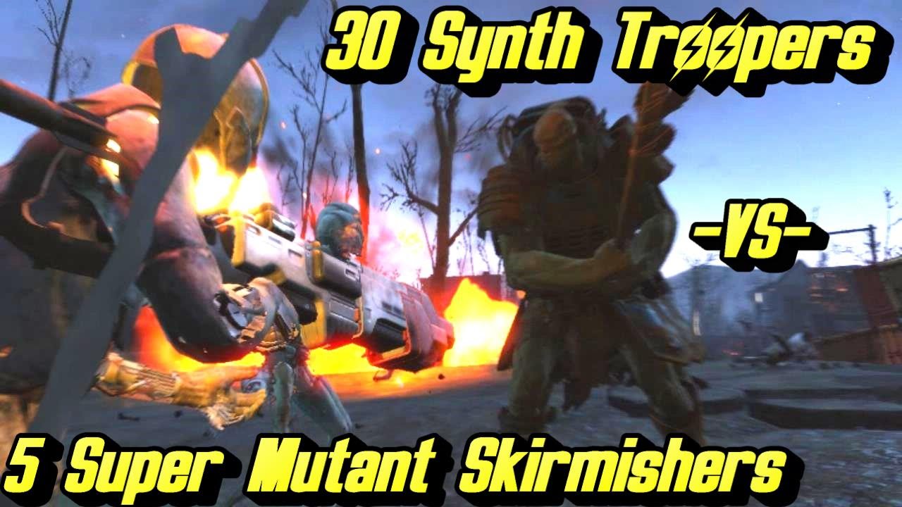 Fallout 4 Battles #5 - 5 Super Mutant Skirmishers vs 30 Synth Troopers ...