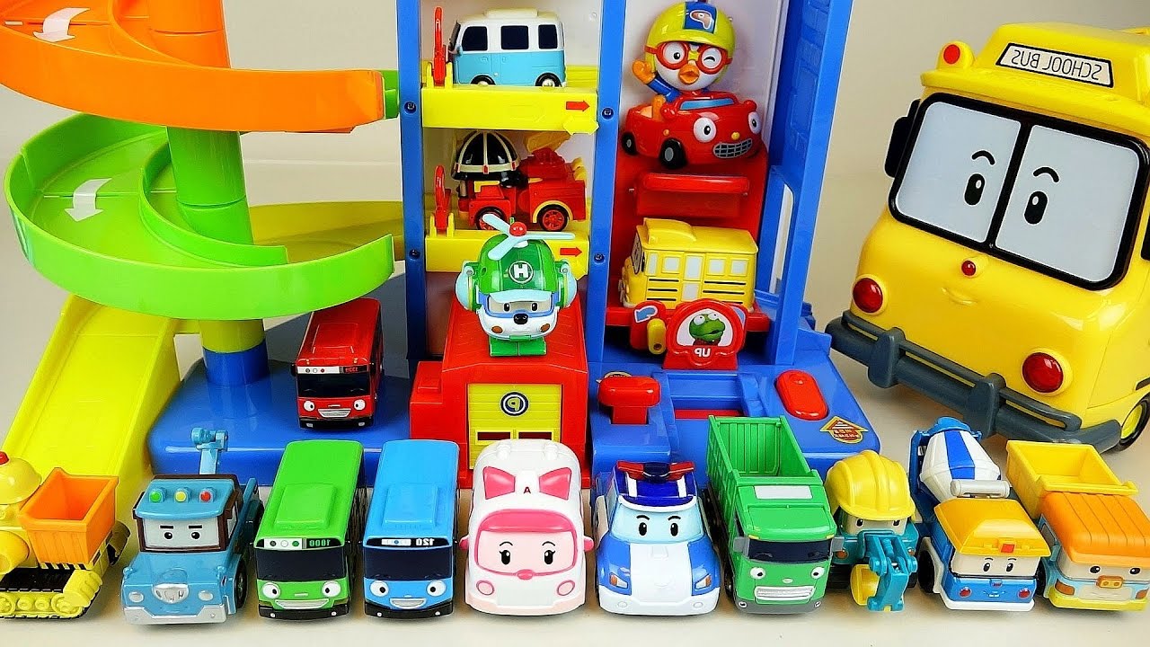 Robocar Poli car toys Pororo Tayo bus Parking Tower - YouTube