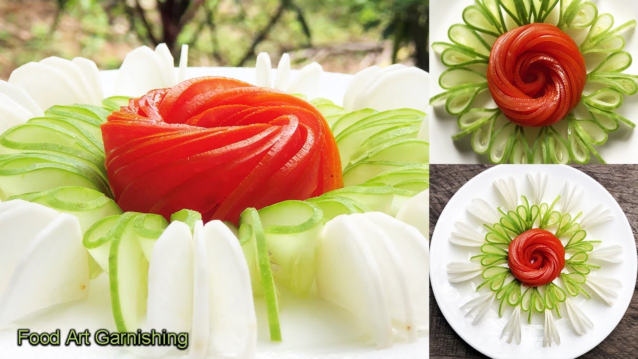 Arts In Tomato Rose Garnish With Cucumber & White Radish Designs - YouTube