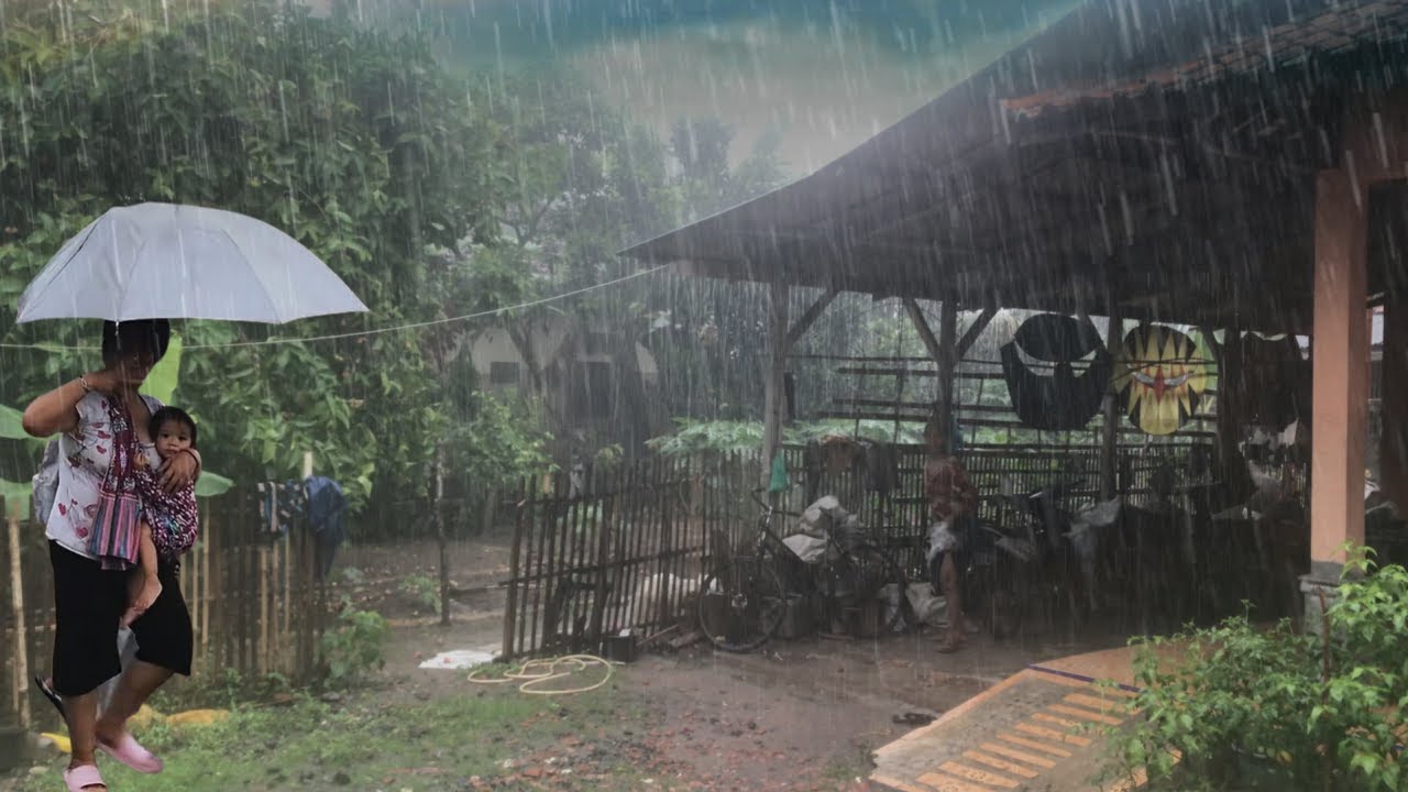 Brave Girl Walks in Heavy Thunder Rain Relaxingly Enjoying the Rain ...
