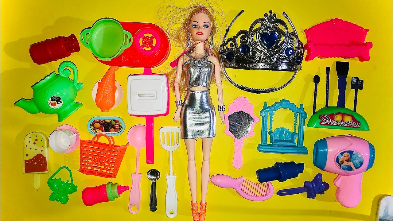 Barbie play kitchen cooking set || barbie doll kitchen set - YouTube