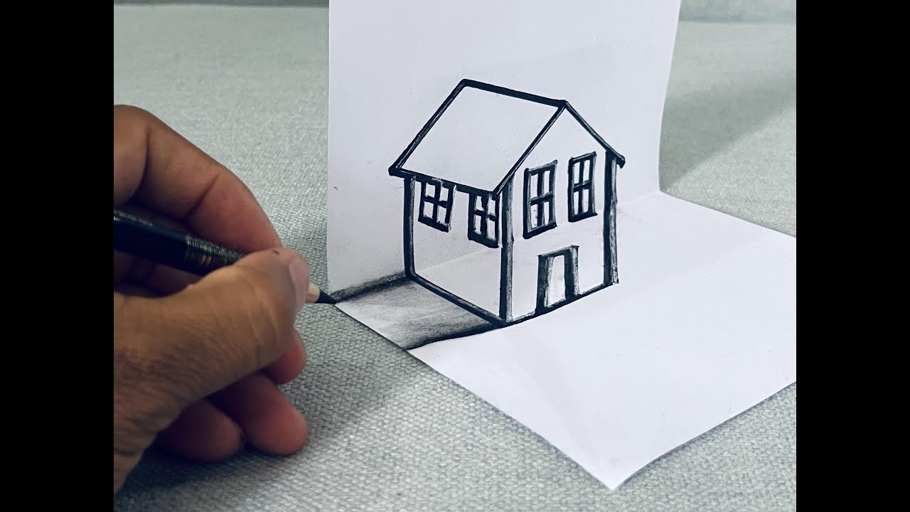 easy draw 3d house on paper for beginners, how to draw 3D house - YouTube