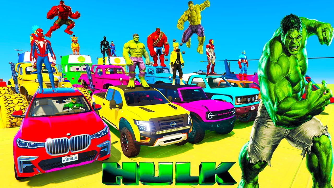 SUPERHERO HULK CARS Multi MEGA Ramp Challenge! SPIDERMAN New Stunt Race For Car Monster Truck ...