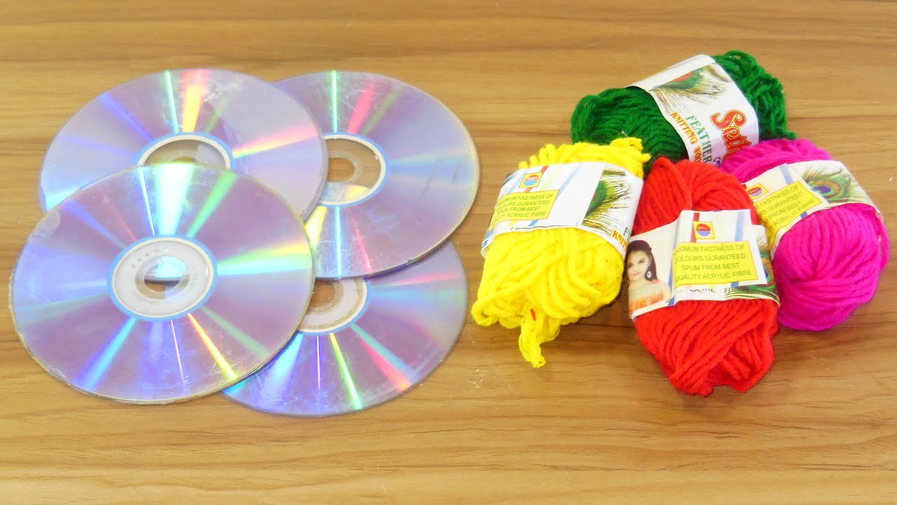 RECYCLING CD DISC & COLOR PAPER CRAFTING | WOOLEN CRAFT | WASTE CD DISC ...