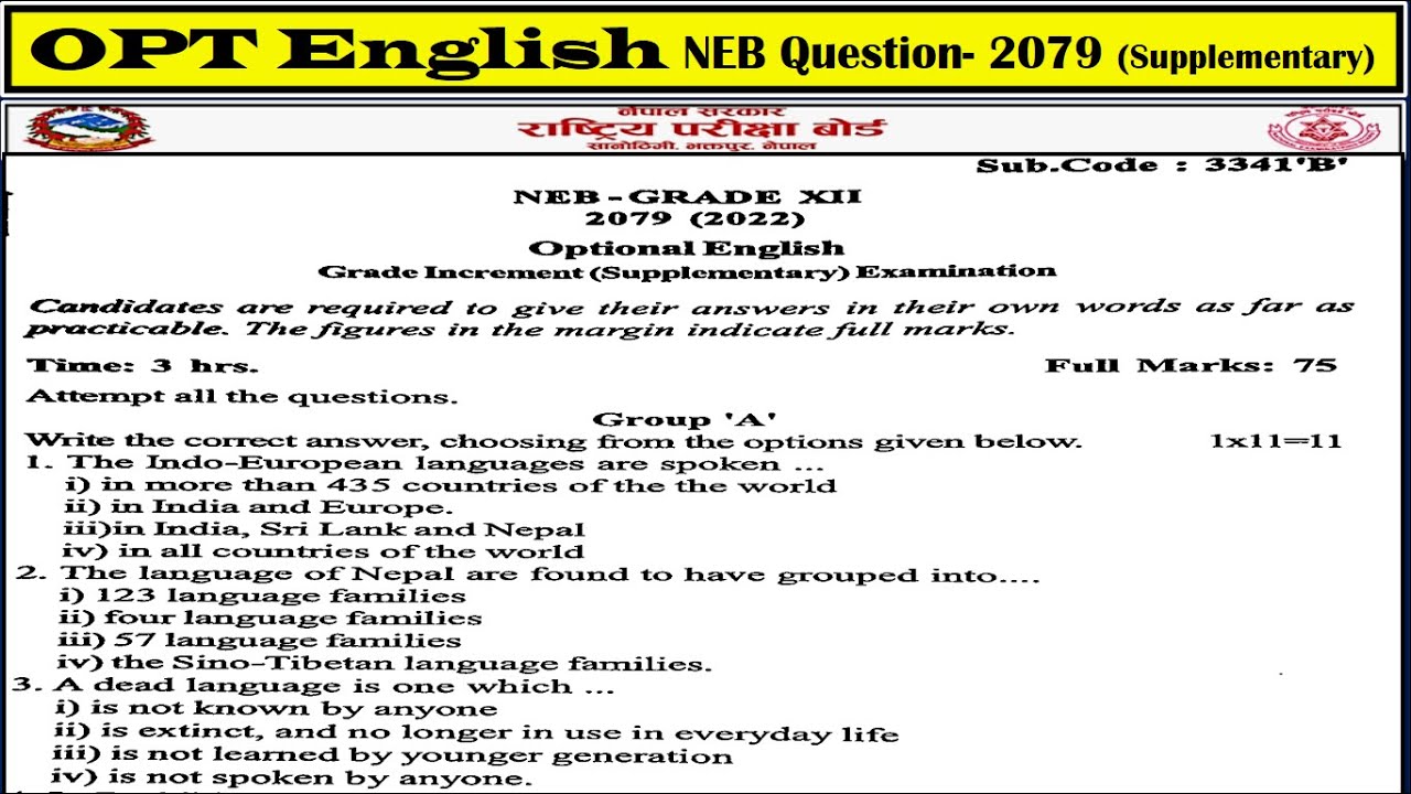 OPT English Question Paper, NEB - 2079, Supplementary (Class - 12 ...