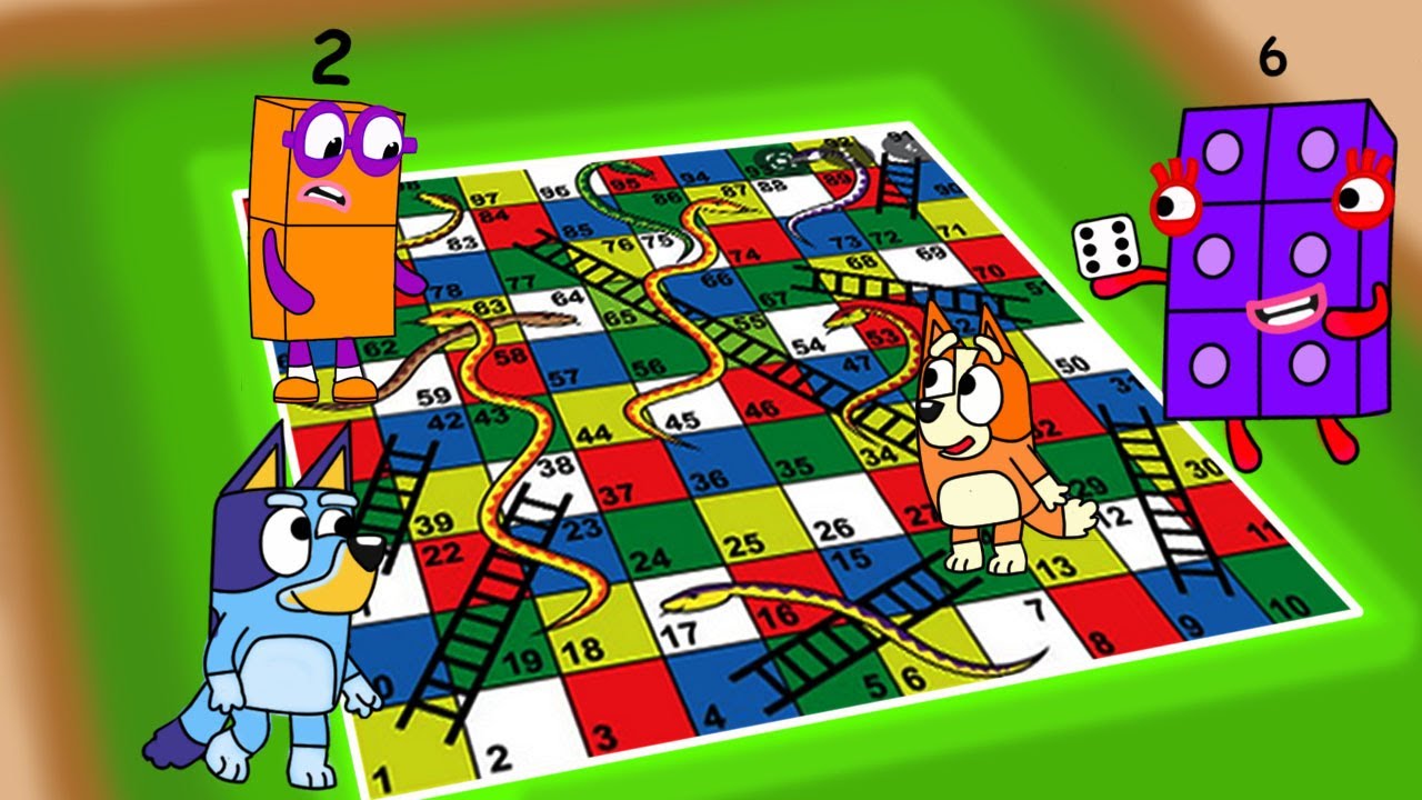 Numberblocks 2 and 6 playing snakes and ladders with bluey ...