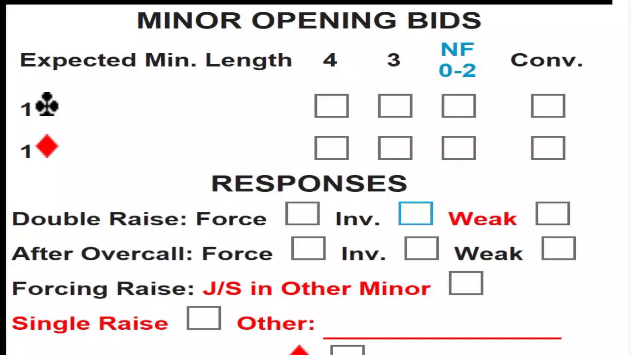 CONVENTION CARD (Minor Suit Openings) - YouTube