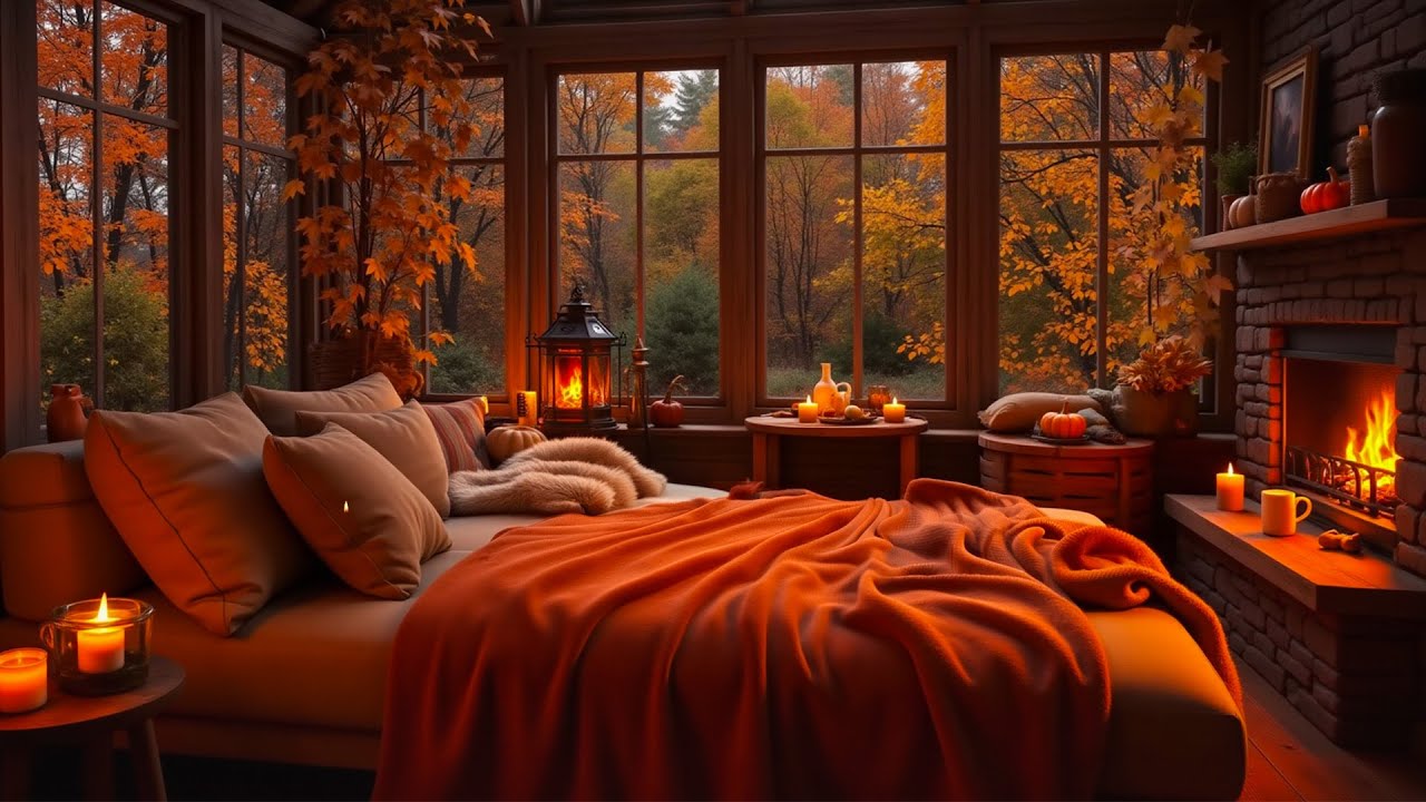 Cozy Bedroom in Autumn Forest - Gentle Rain and Fireplace Sound Help ...