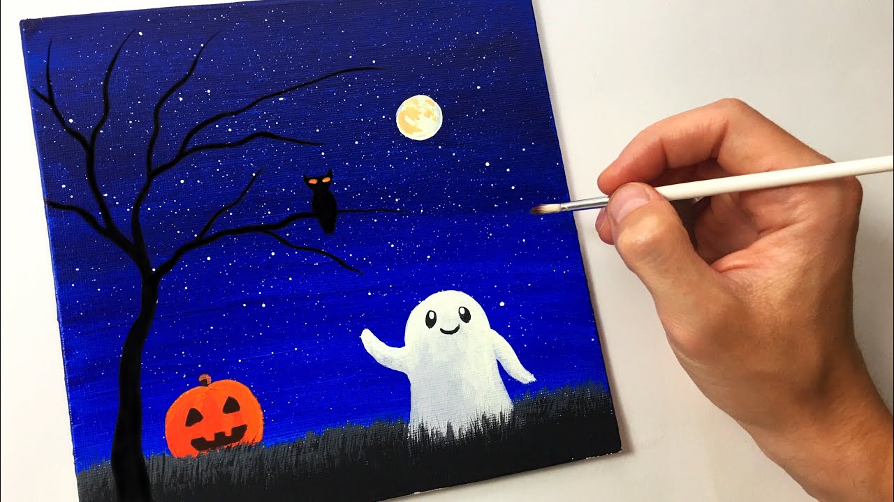 Easy Halloween Painting with Pumpkin & Ghost - YouTube