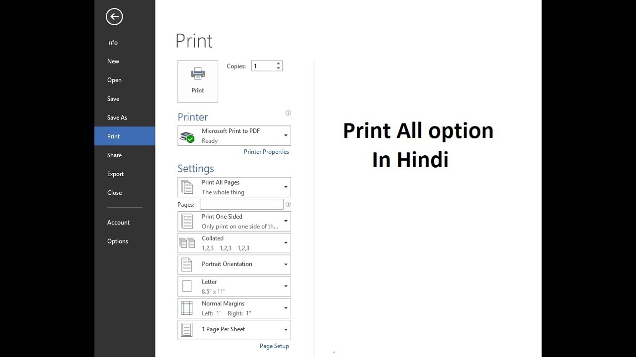 file menu print option in ms word 2013 - YouTube