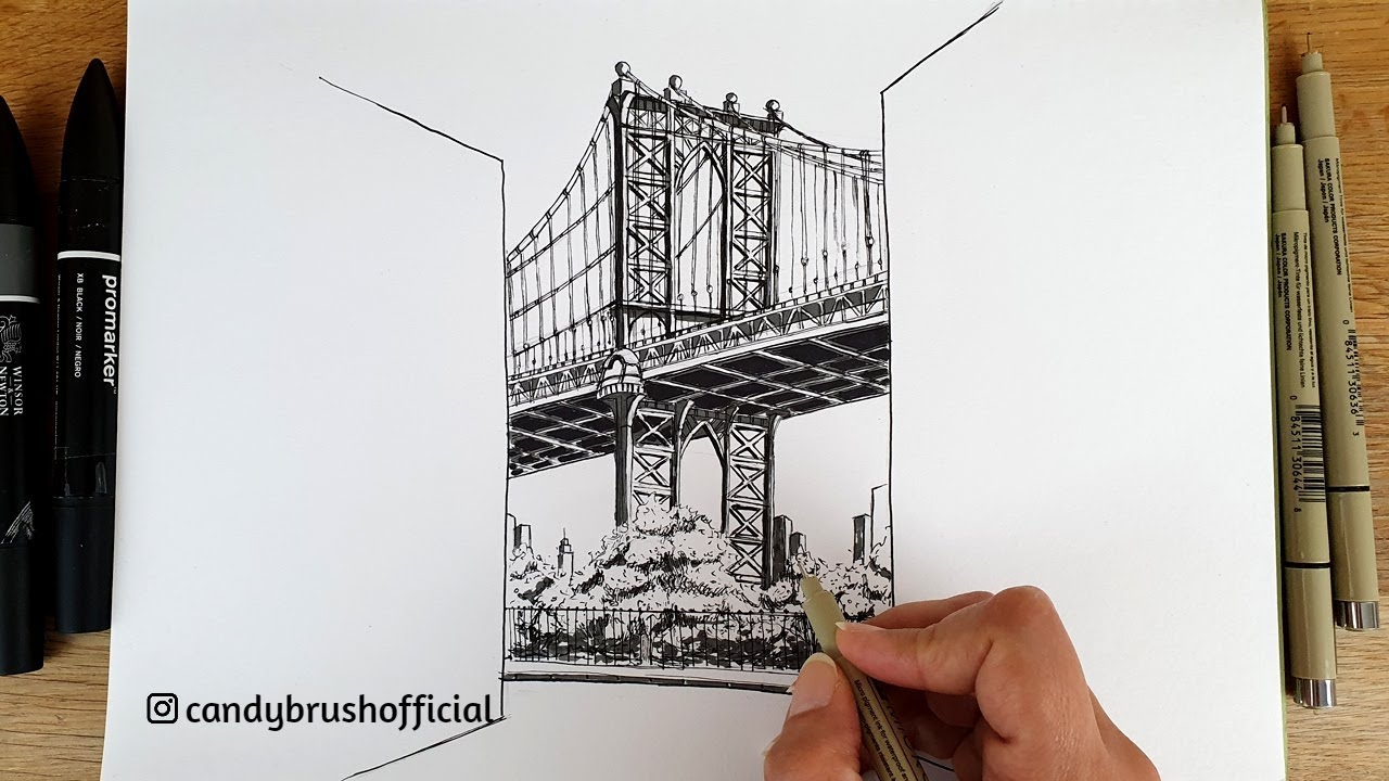 How to Draw the Manhattan Bridge | Pen & Ink Drawing #13 - YouTube