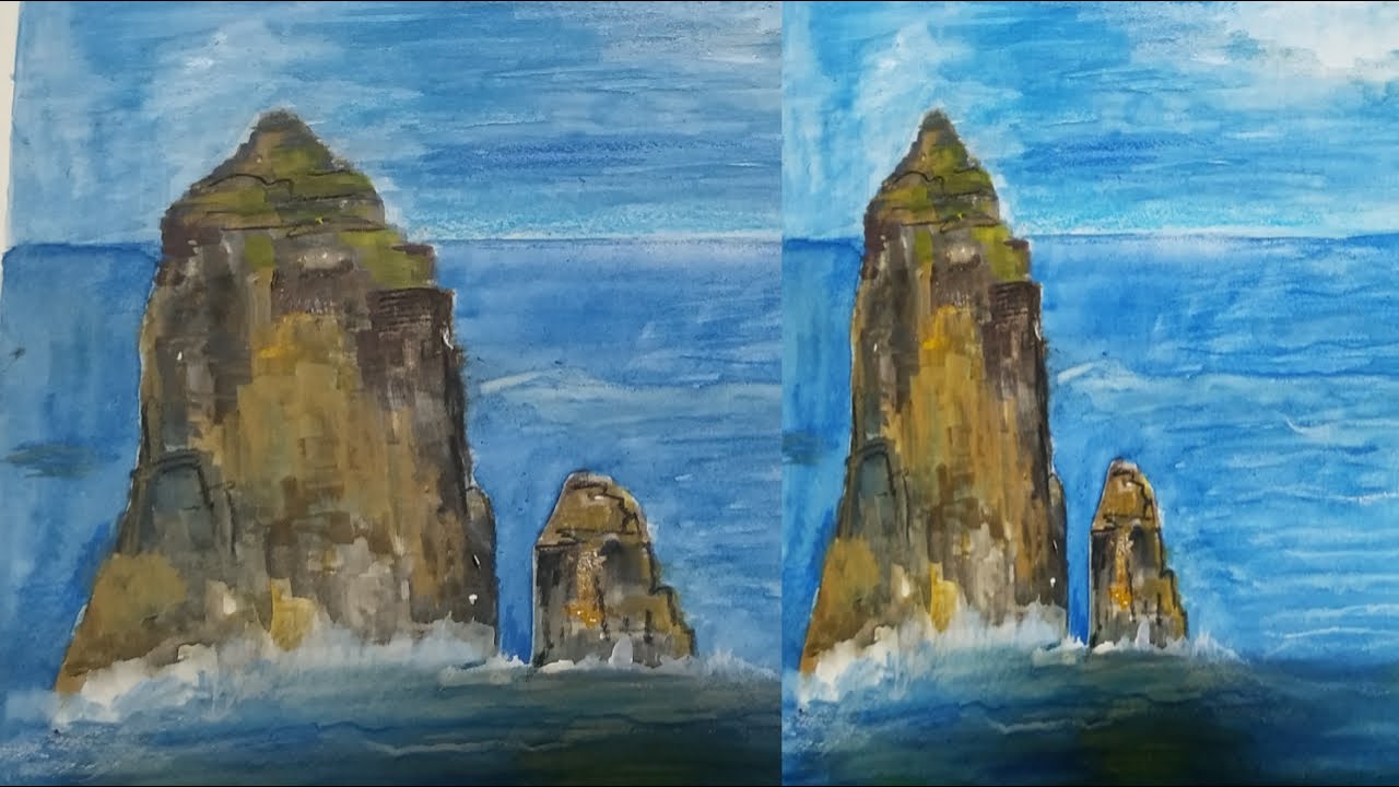 Easy Sea Drawing|simply sea, rocks drawing /painting - YouTube