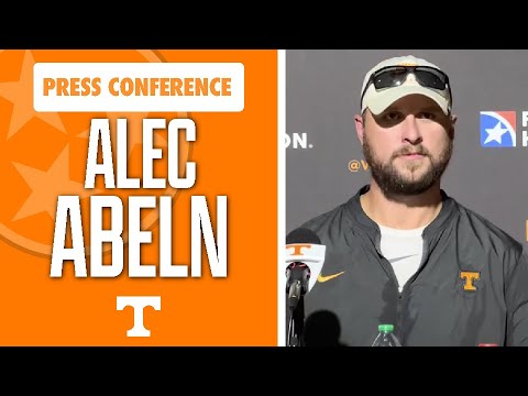 Tennessee football TE coach Alec Abeln speaks to media during ...
