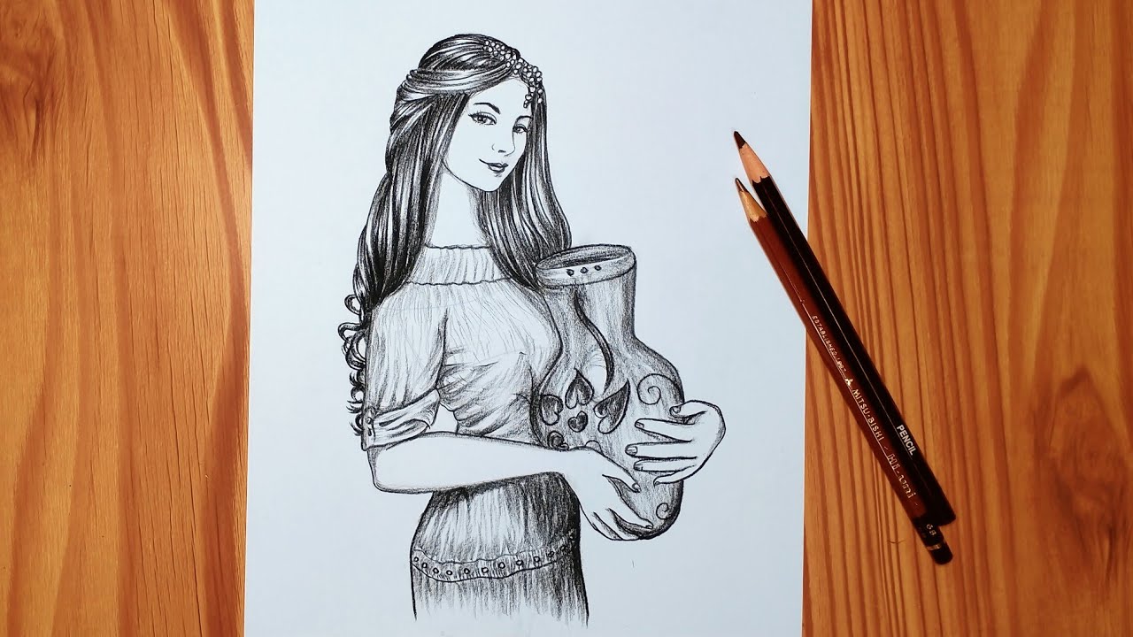 How to Draw a Girl with Pot Drawing and Step by Step Shading - YouTube