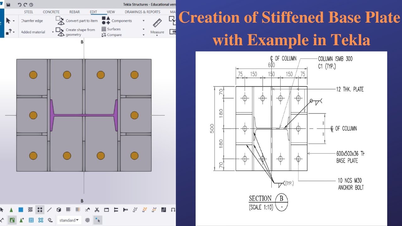 How to Create Stiffened Base Plate | In Tekla | With Example | Tamil | Base Plate Exercise-1 ...