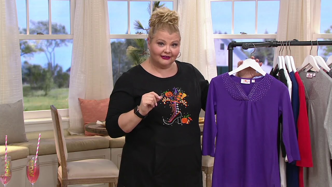 Quacker Factory Sparkle S/2 Ruched Split V-Neck T-shirts on QVC - YouTube