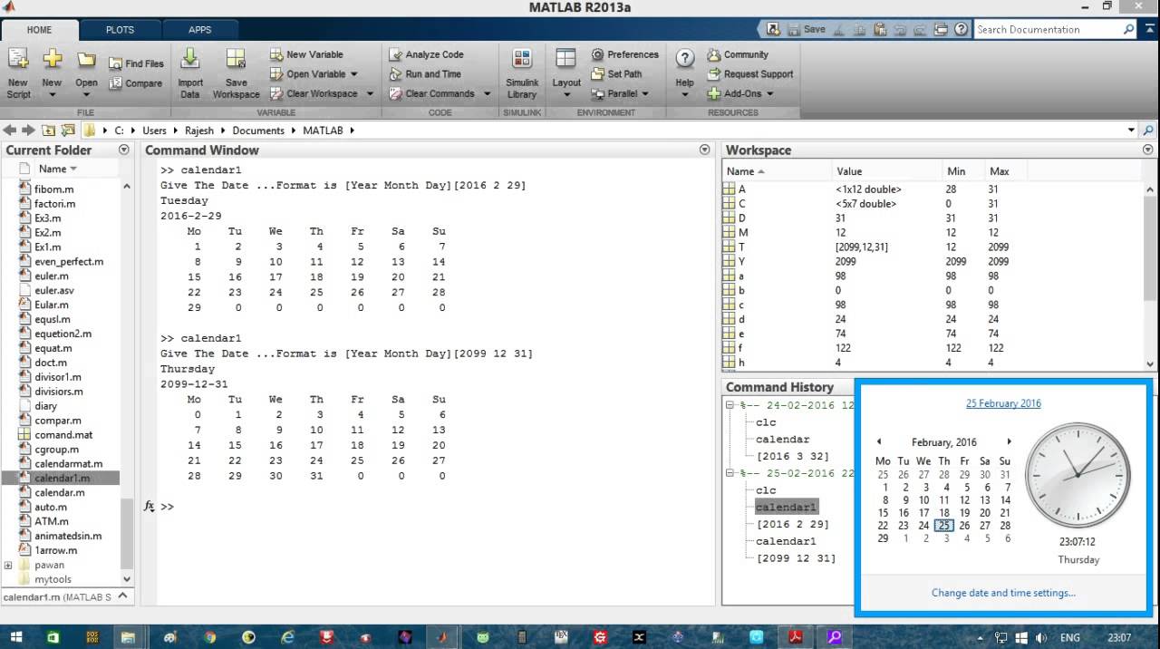 MATLAB Program to print calendar - YouTube
