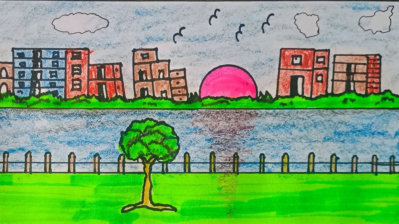 How to draw a City Scenery | Draw a beautiful city | শহরের চিত্র আঁকা ...