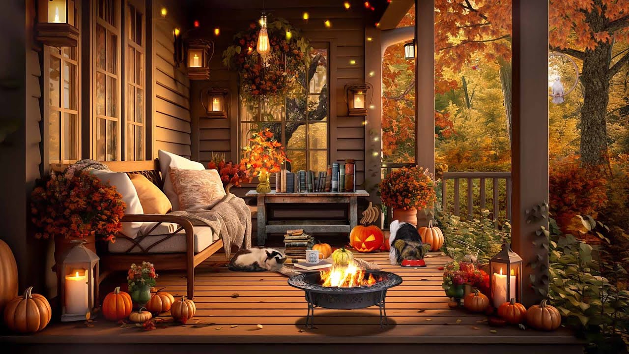 Autumn Terrace in Cozy Deep Forest w/ Outdoor Fireplace, Falling Leaves ...