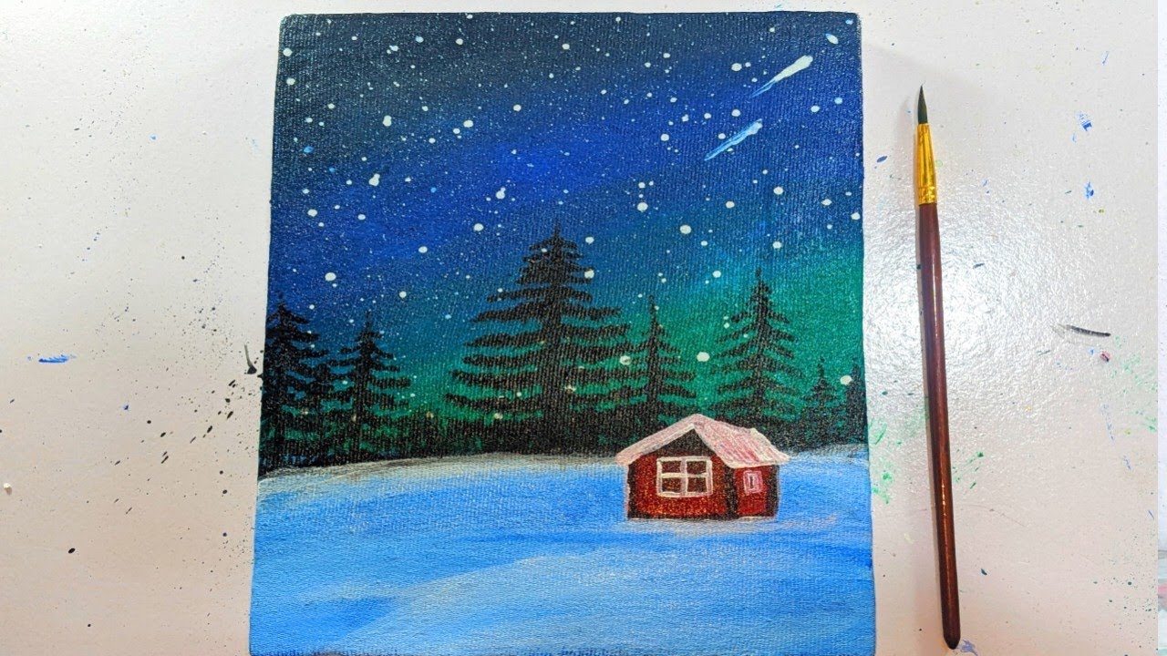 winter night landscape painting on canvas/night painting for beginners ...