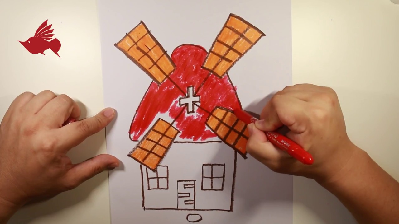Teach children to draw the windmill in oil pastels - YouTube