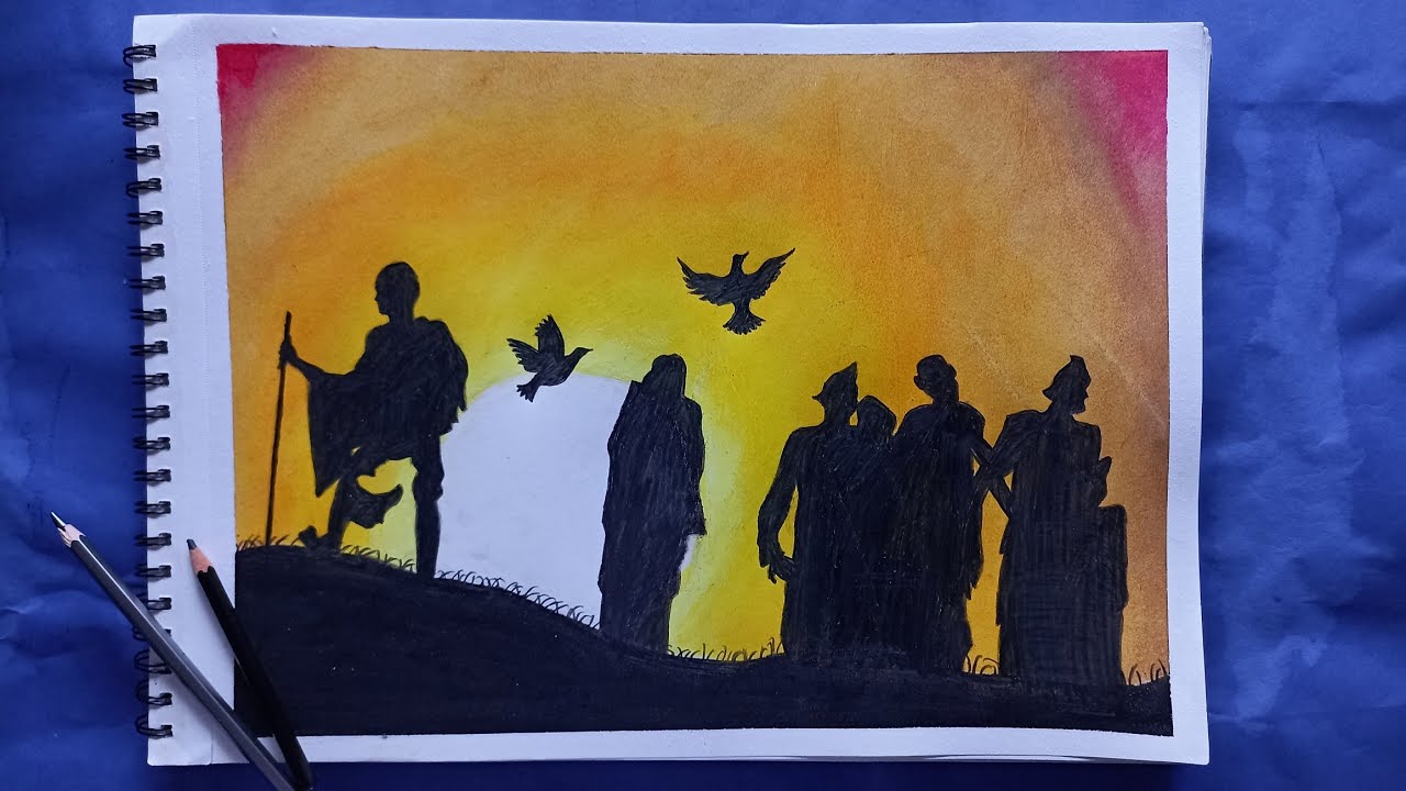 How to draw Gandhiji with oil pastels (dandi march) | Step by step ...