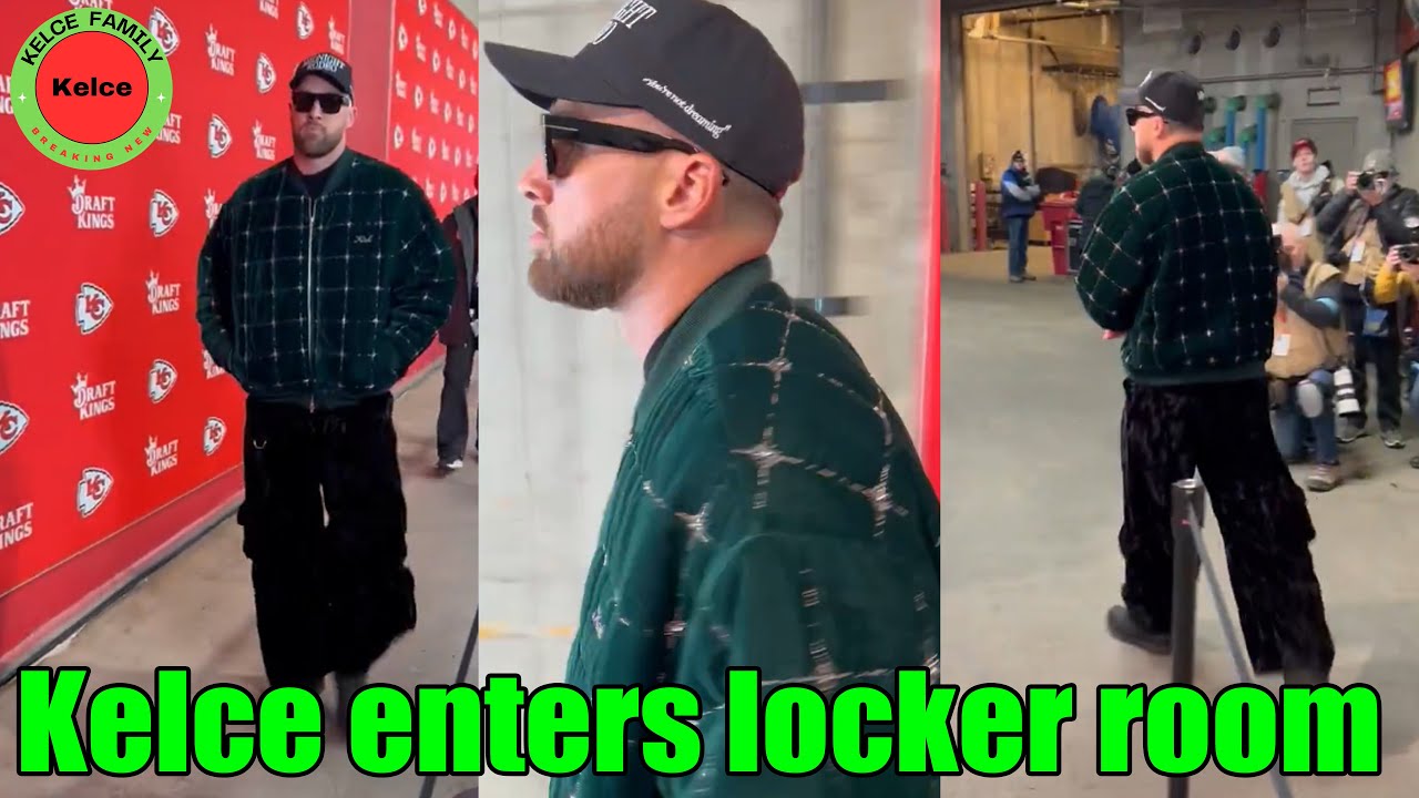 Travis Kelce enters the locker room at Arrowhead Stadium before the ...