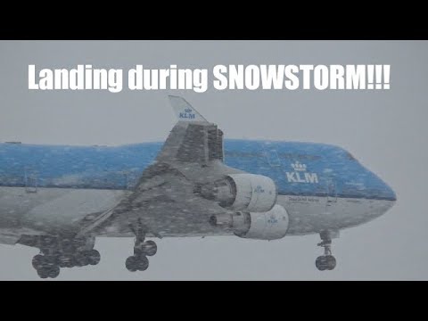 KLM Boeing 747 Landing during SNOWSTORM at Amsterdam Schiphol Airport ...