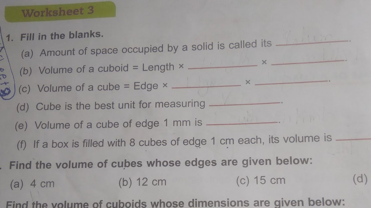 Dav Public School Class 4 Math Unit 13 Worksheet 3 || Volume ...