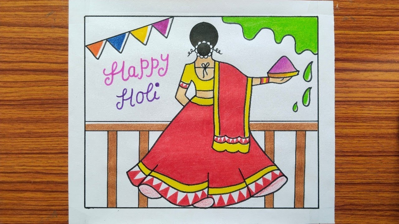 A Beautiful Traditional Girl Celebrating Holi Drawing / Holi Drawing ...