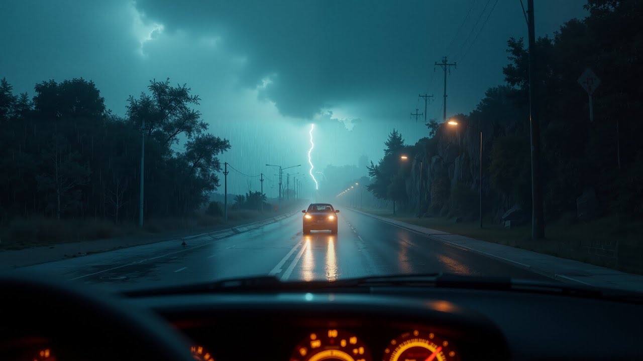 Driving Through a Thunderstorm with Heavy Rain for Sleep, Study, and ...