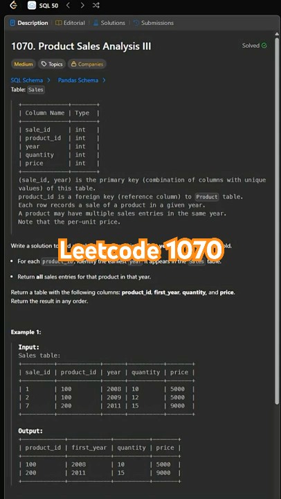 Leetcode 1070 in 30 Seconds | SQL 50 Challenge #sql #leetcodesql #learnsql #sql50 - YouTube