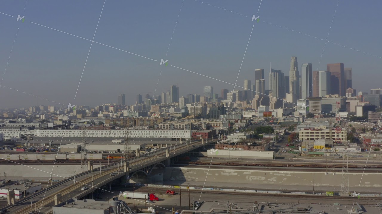 AERIAL: LA River, Train Tracks with Downtown Los Angeles in Background ...