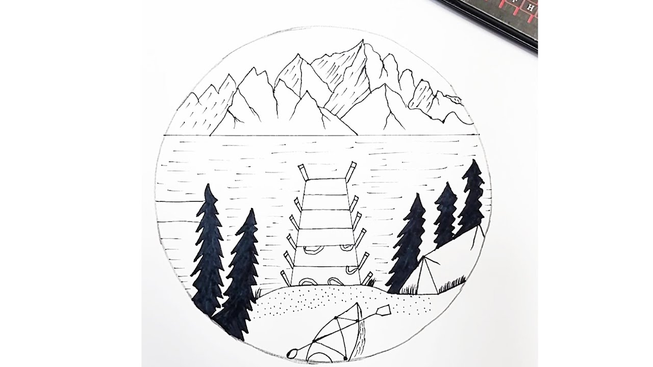 How to draw beautiful Scenery with sea , mountain,boat and forest ...
