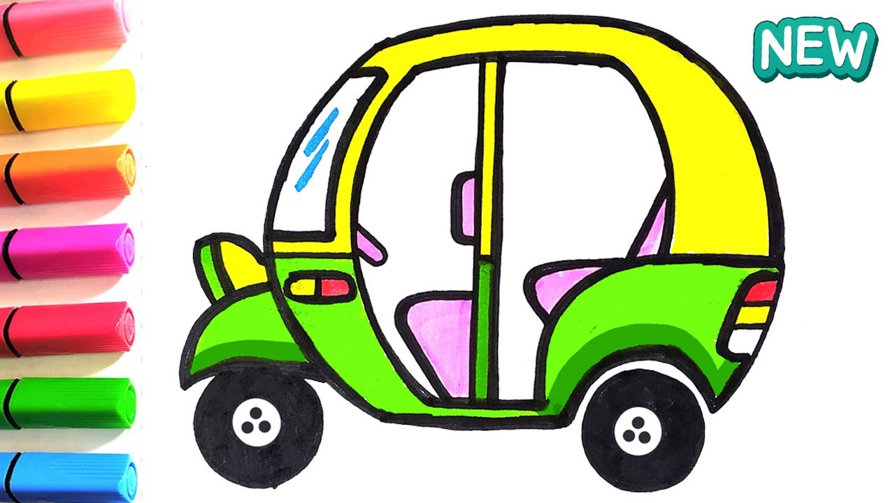 How to Draw Cute Auto Rickshaw Easy with Brush Pens fro Kids 🧡💚 ️ - YouTube