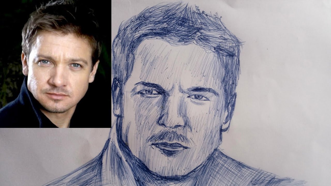 Drawing Jeremy Renner using a blue pen! | Ferdi HM Art - YouTube