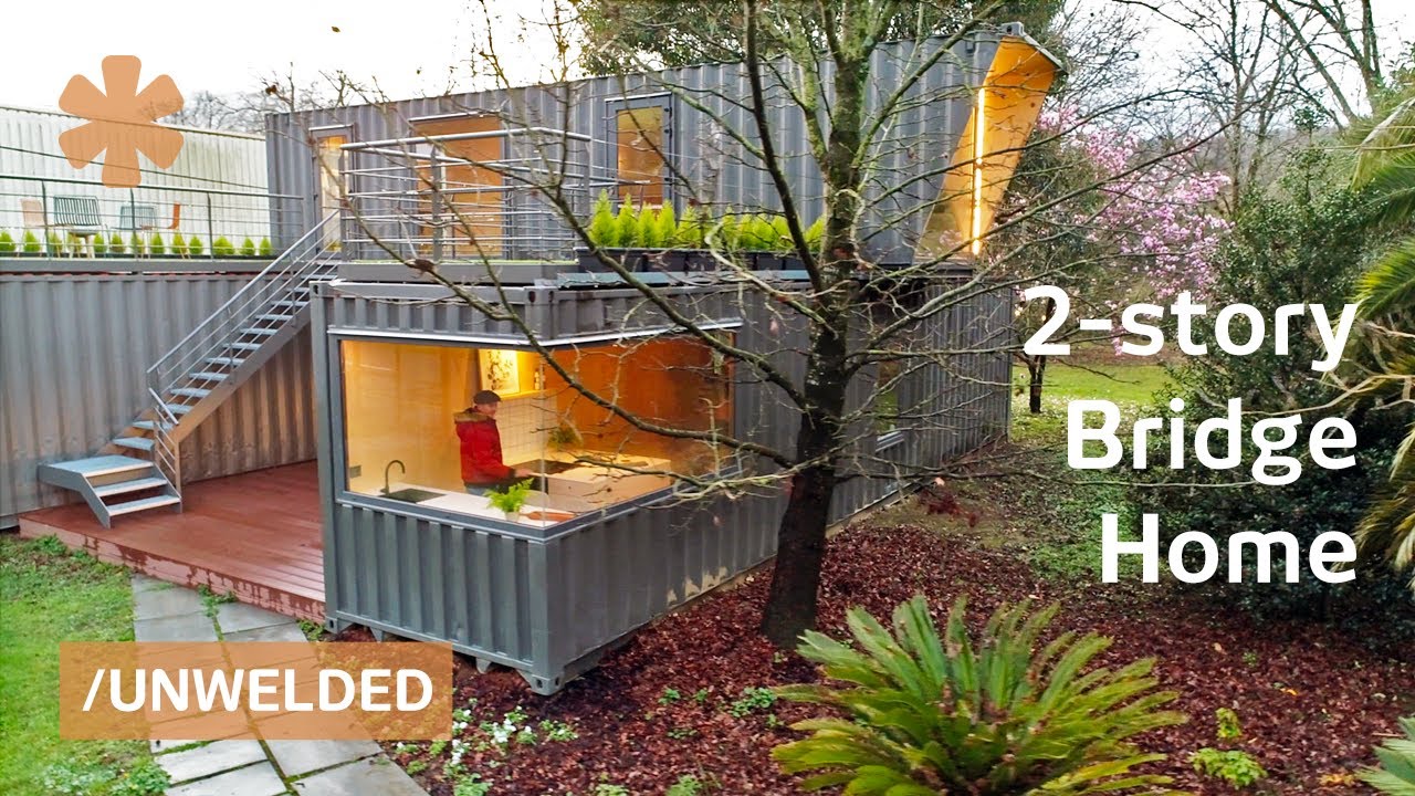 Bridge container home has cantilevered bedroom, 2 roof decks - YouTube