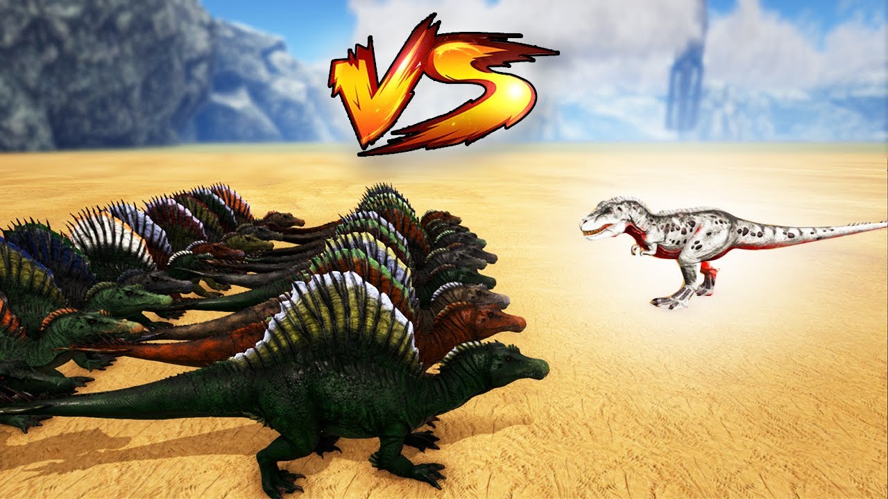 20 SPINOSAURUS VS 1 ALPHA REX | HOW MANY SPINOS TO BEAT 1 ALPHA REX ...