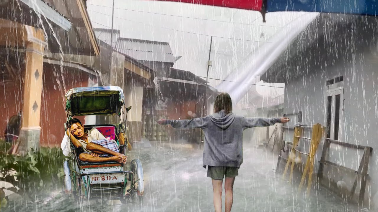 Super Heavy Rain Big Wind and Thunder scary Red soil Village - ASMR ...