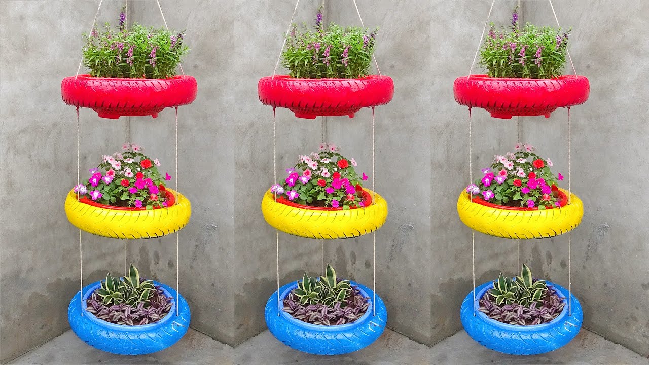 Recycle tires into beautiful three-tier hanging flower pots for garden ...
