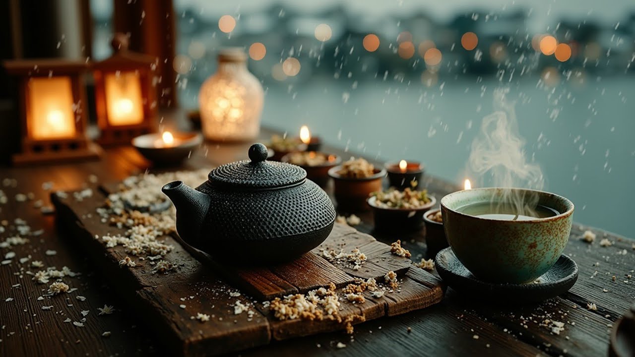 Cozy Asian Tea Ceremony | Snow Falling Sound & Zen Tea House Background ...