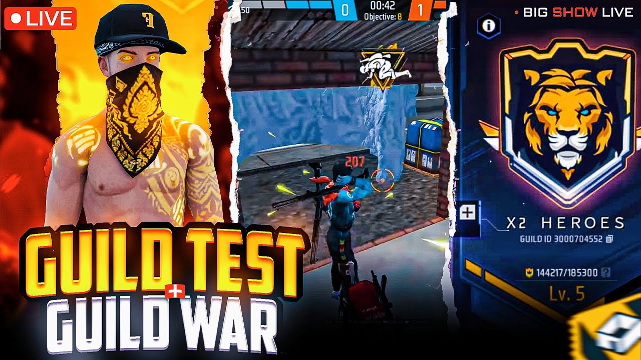 FREEFIRE LIVE GIVEAWAY | GUILD TEST + GUILD WAR | 1 vs 2 HARDEST GUILD ...
