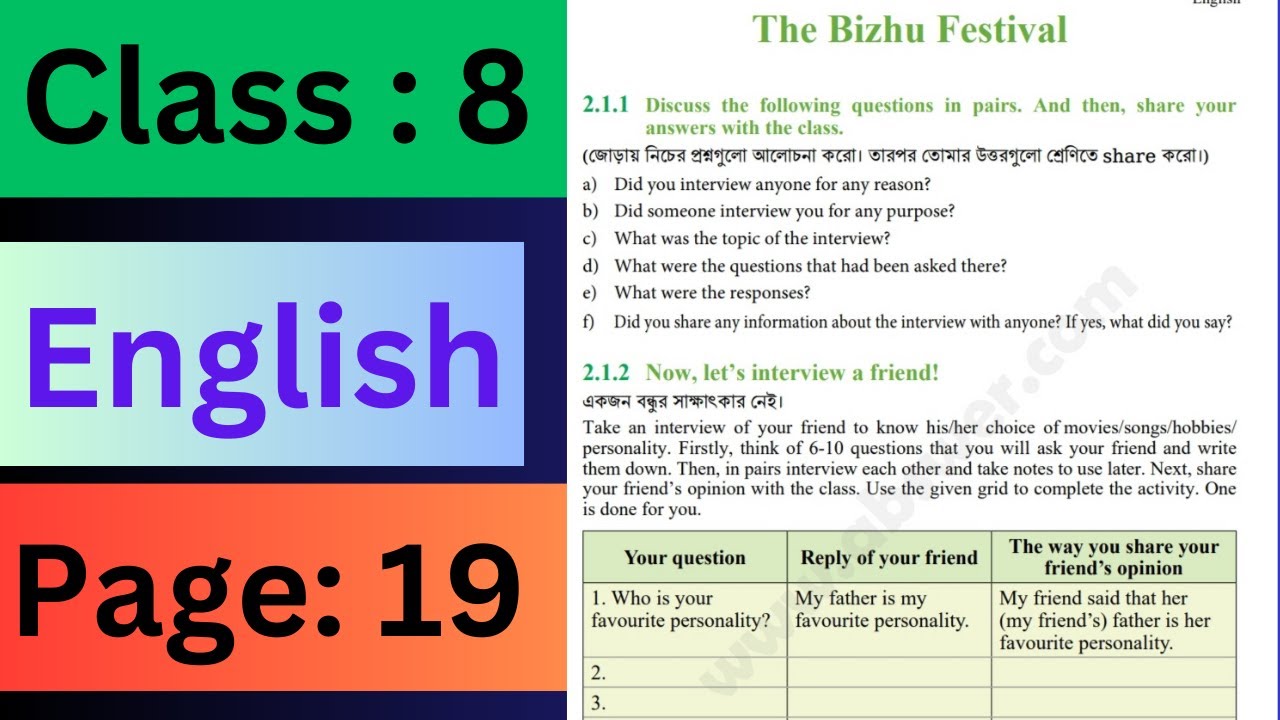 Class 8 English Book page 19,,, 2024 Solution [ অষ্টম শ্রেণীর ইংলিশ বই ...