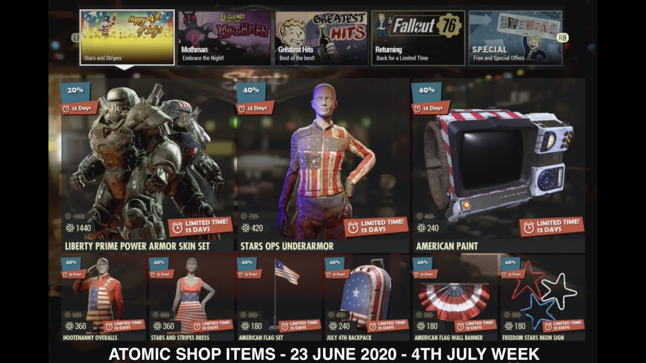 Fallout 76 - Atomic Shop Items - 23 June 2020 - 4th July Week - YouTube