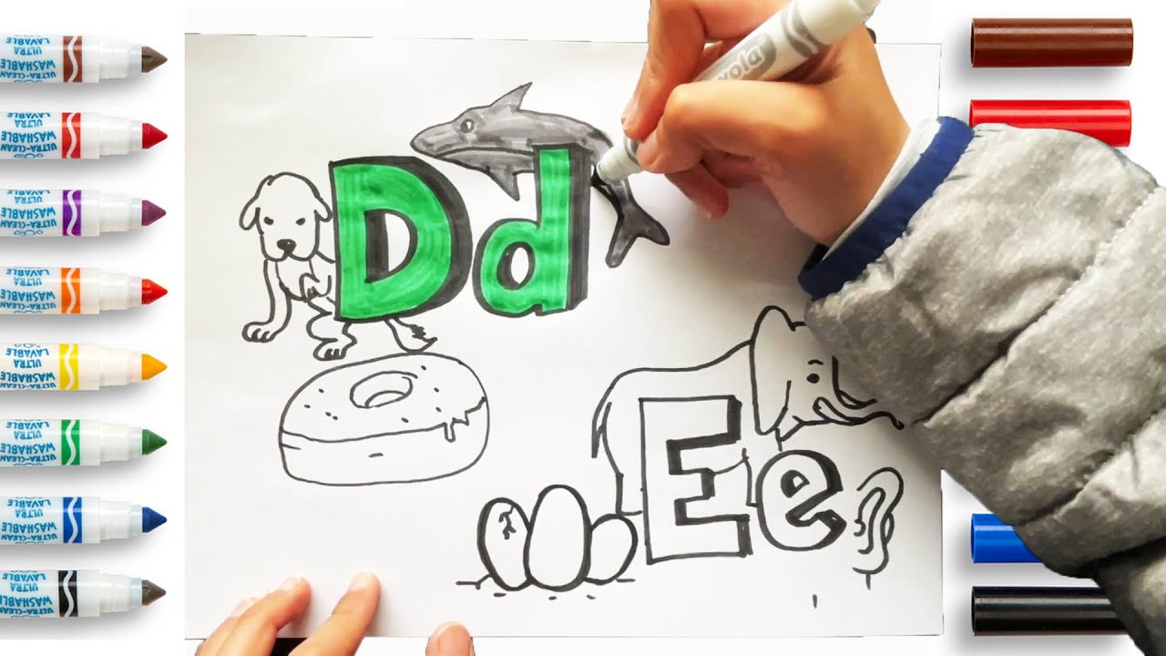 ABC Phonics writing and coloring drawing Crayola color markers D and E ...