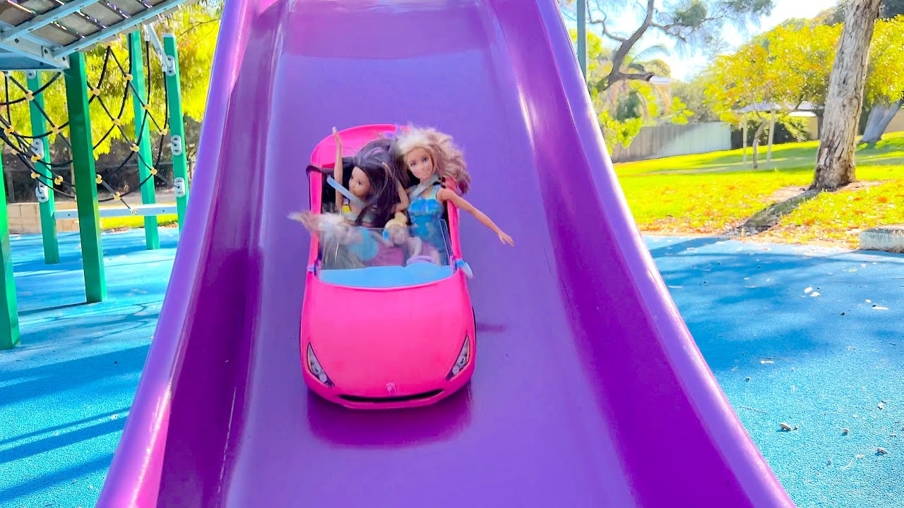 Barbie and Skipper on a Real Life Playground with swings, slides ...
