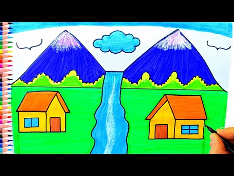 Kolay Manzara Resmi Çizimi 🏠 Doğa Resmi Çizimi - How To Draw Very Easy Landscape - Dere Çizimi