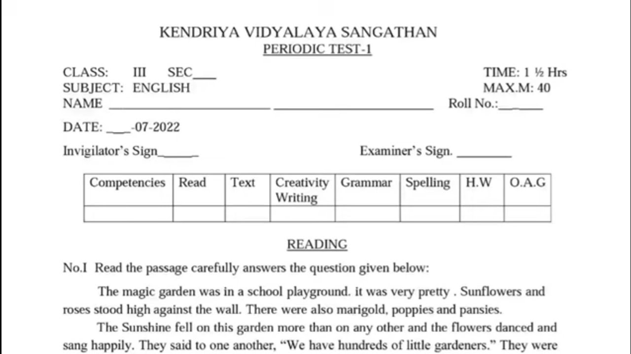 Class 3 English periodic test 1 question paper (2022 - 2023) | Unit ...
