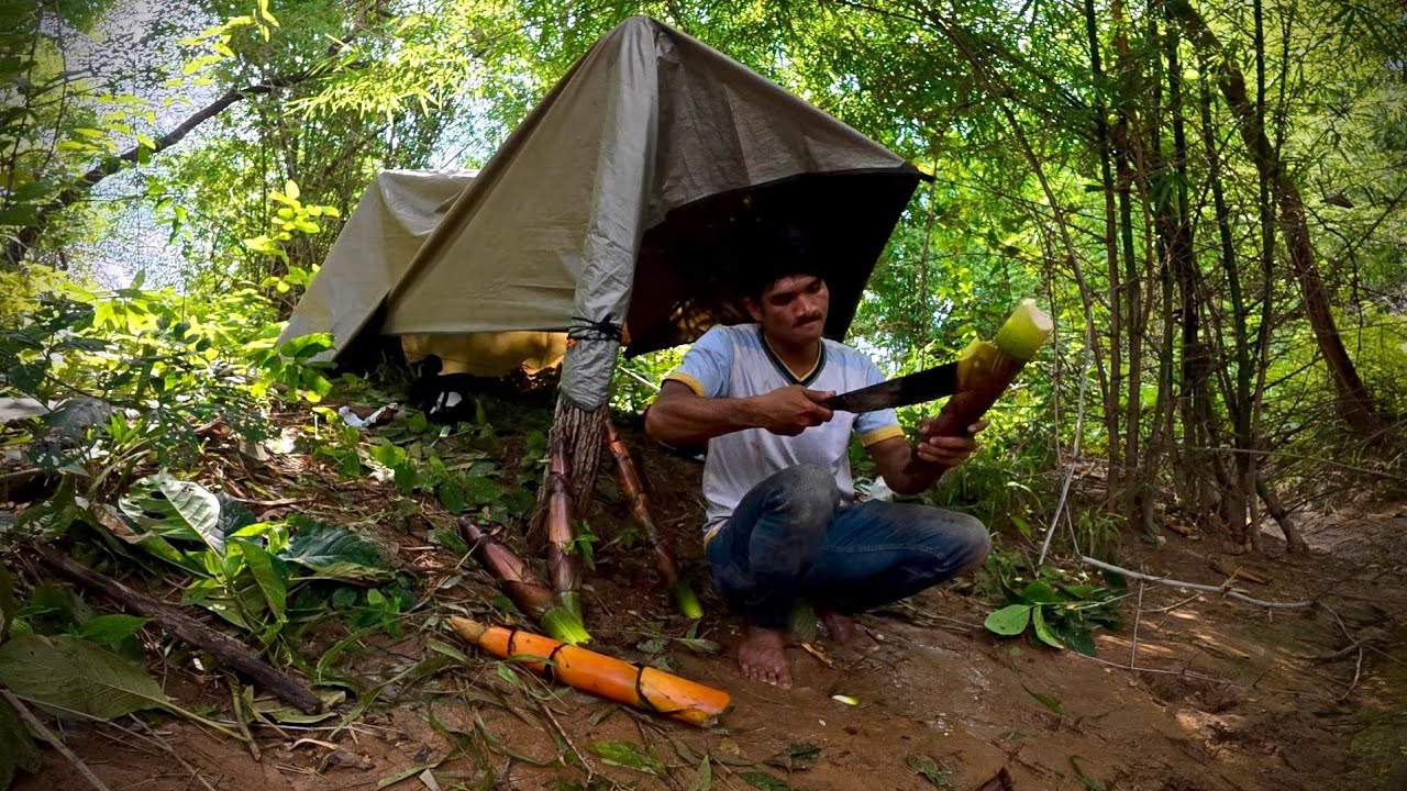 Pitching a tent and cutting bamboo for family cooking - YouTube