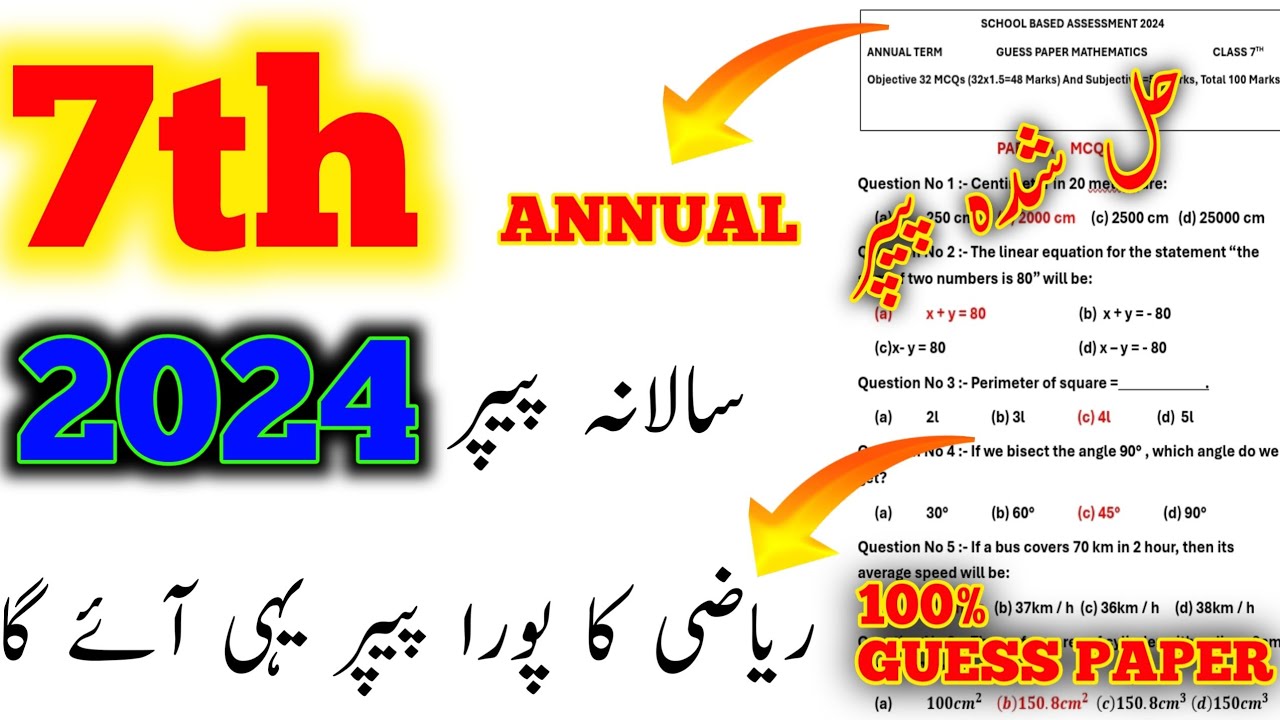 Class 7 Guess Paper Math Annual Exams 2024 | 7th Class Guess Paper ...